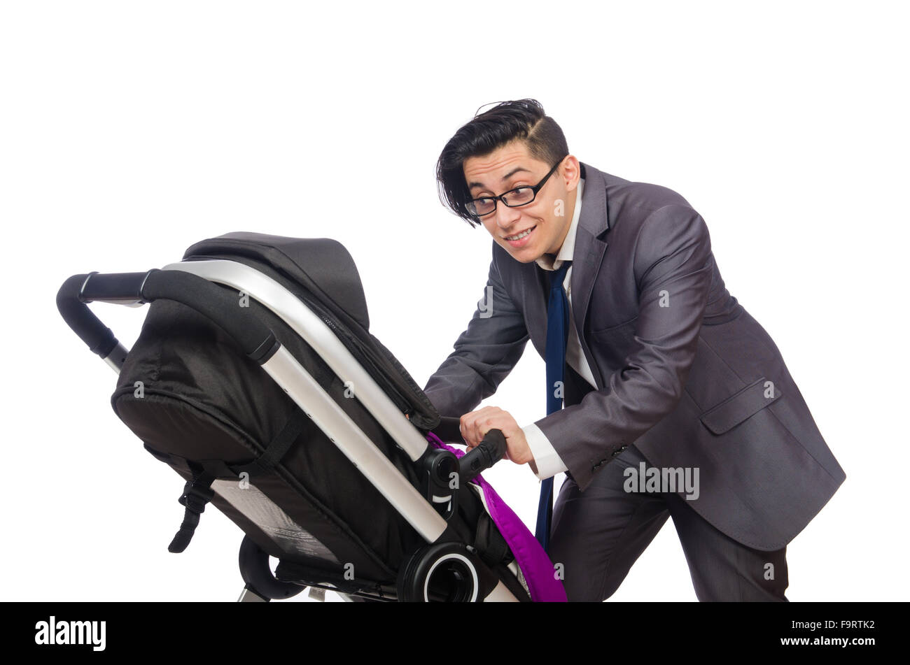 Funny dad with baby and pram on white Stock Photo - Alamy