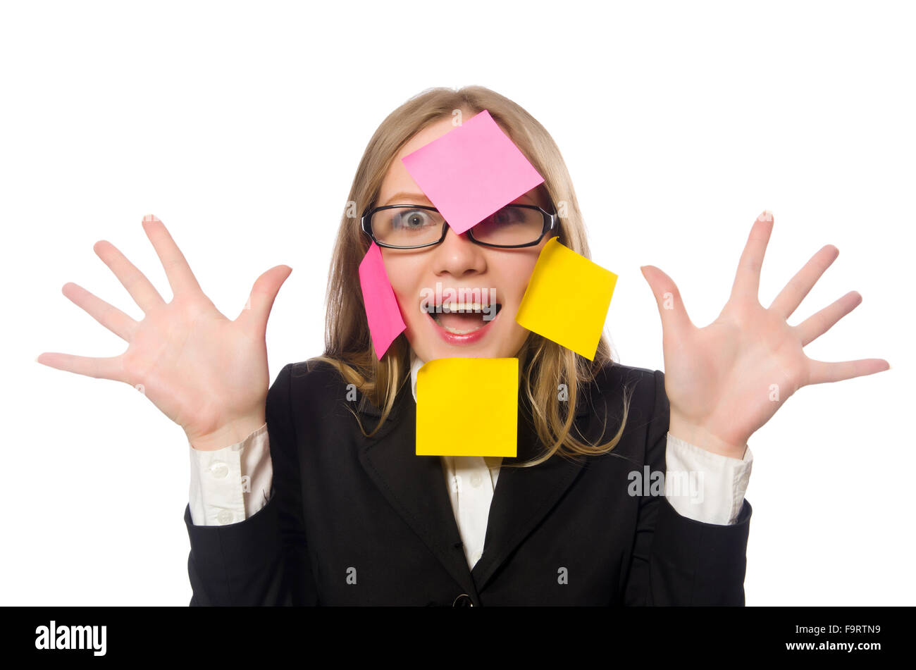 Woman with reminders isolated on white Stock Photo - Alamy