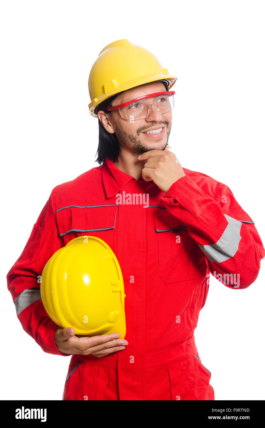 Man wearing red coveralls isolated on white Stock Photo - Alamy