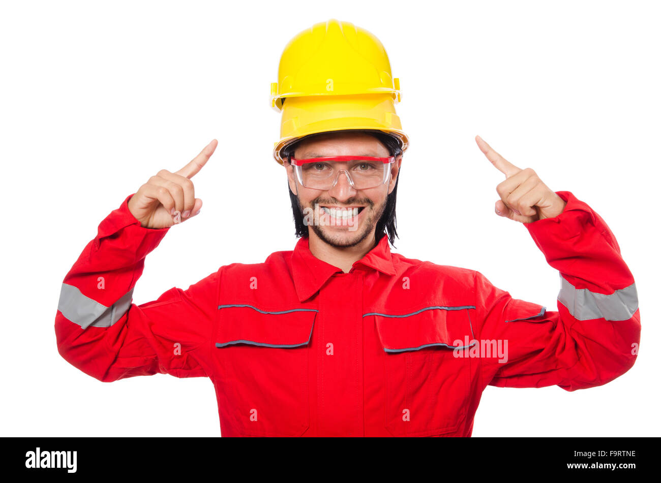 Man wearing red coveralls isolated on white Stock Photo - Alamy