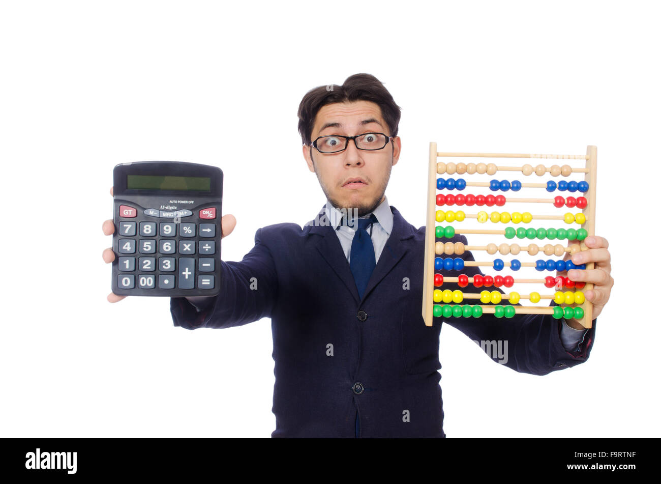 Angry accountant with abacus isolated on white Stock Photo - Alamy