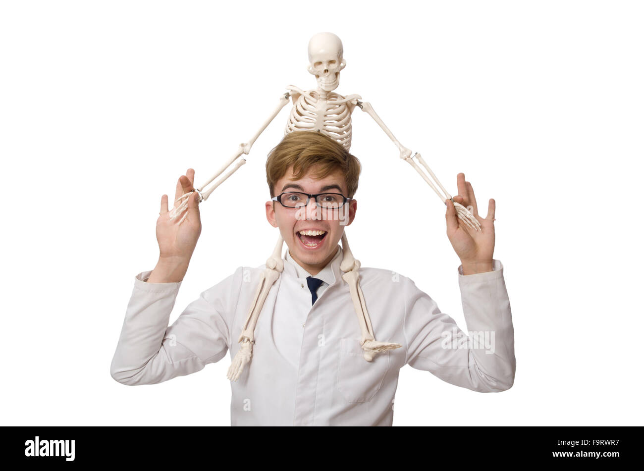 Funny doctor with skeleton isolated on white Stock Photo - Alamy