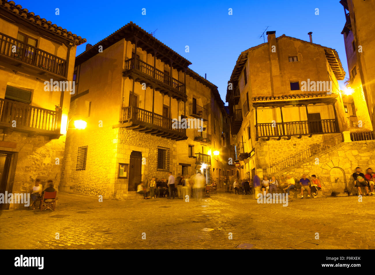 Town square at old spanish town in night. Albarracin, Spai Stock Photo ...
