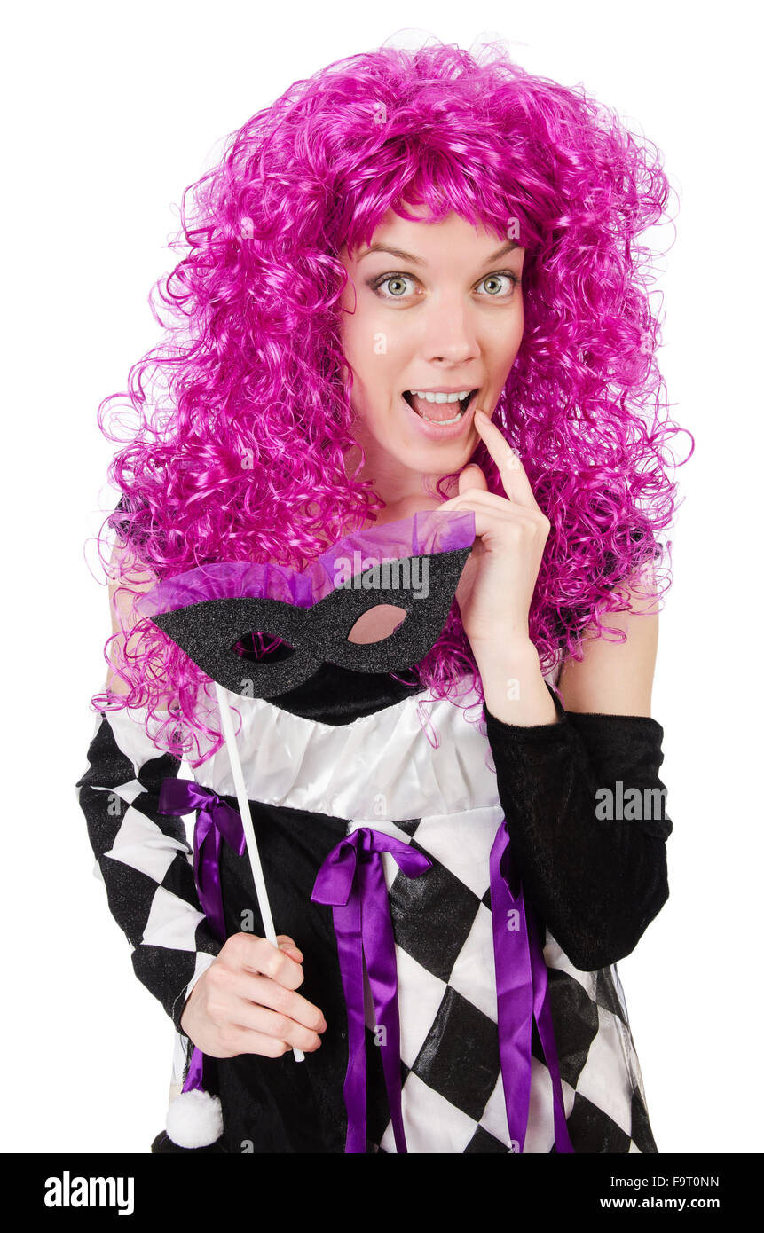 Pretty girl in jester costume isolated on white Stock Photo - Alamy