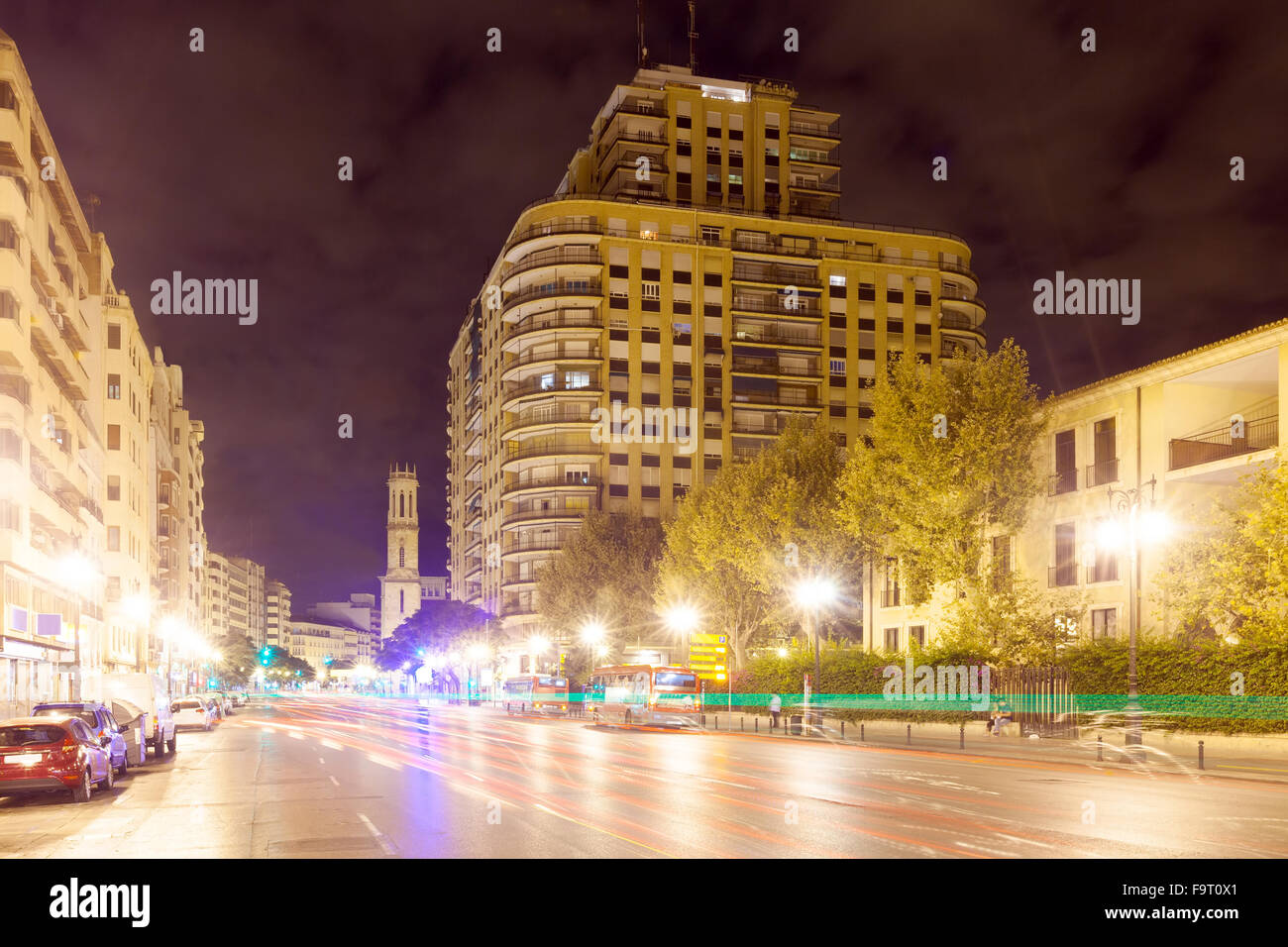 City street in night. Valencia, Spain Stock Photo - Alamy