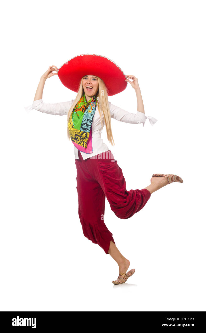 Mexican girl with sombrero dancing on white Stock Photo - Alamy
