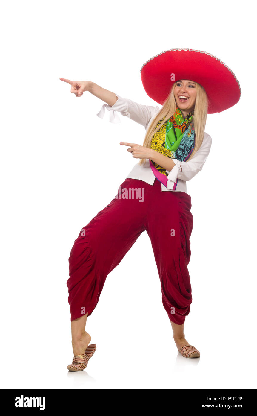 Mexican girl with sombrero dancing on white Stock Photo - Alamy