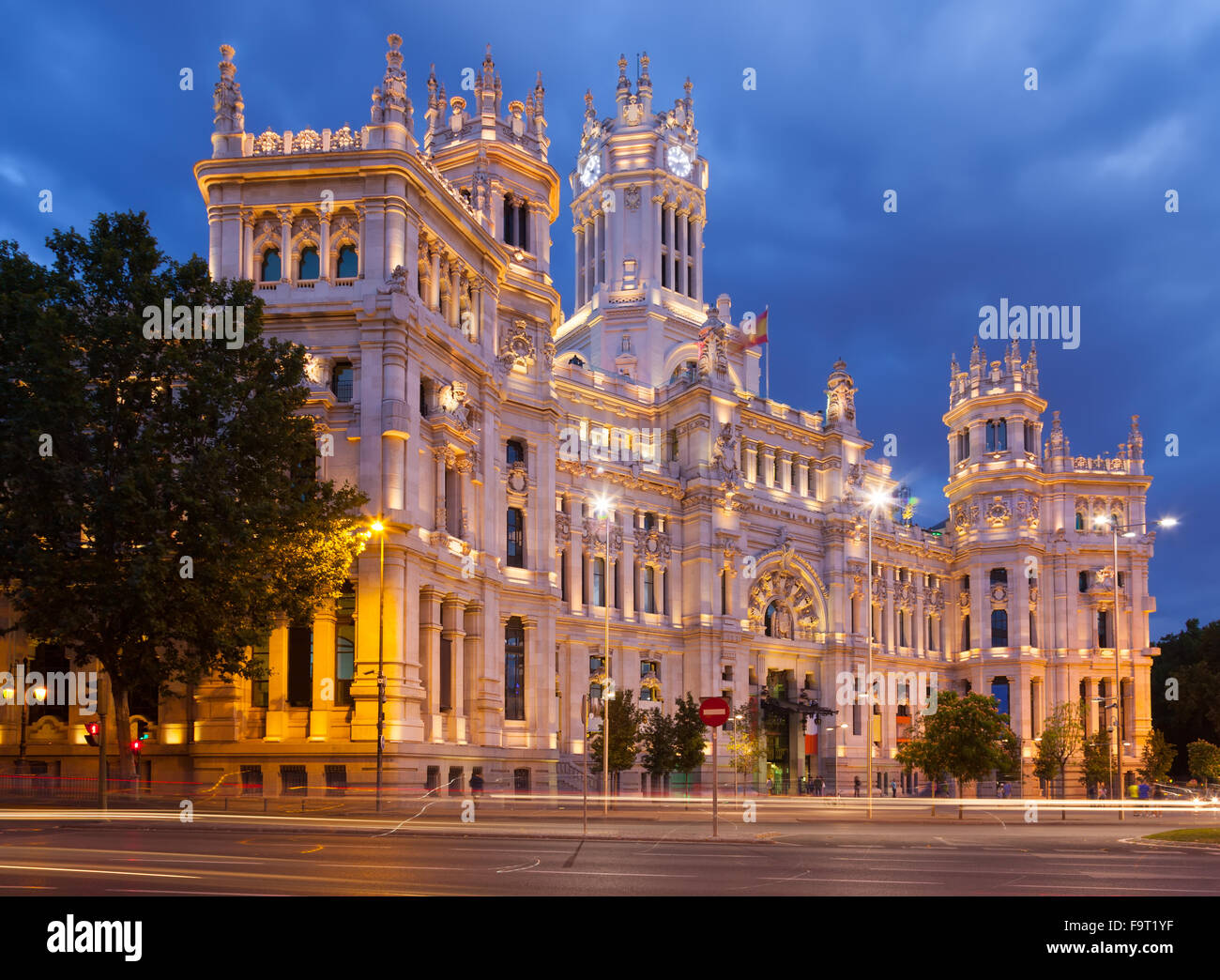 View of Palace of Communication in summer dusk. Madrid, Spain Stock ...
