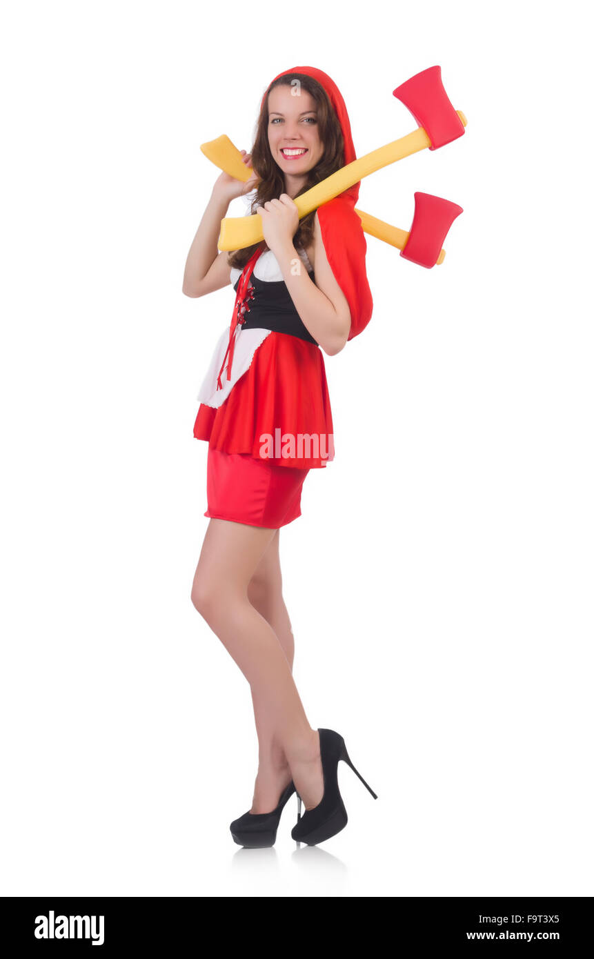 Funny woman with axe isolated on white Stock Photo - Alamy