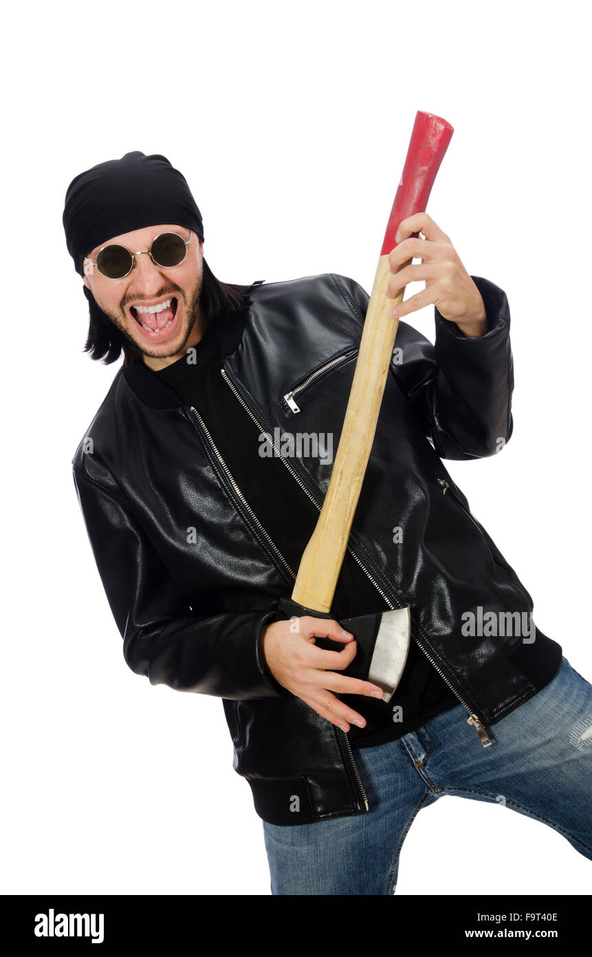 Angry man with axe isolated on white Stock Photo - Alamy
