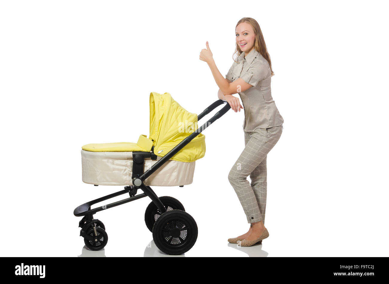 Woman with pram isolated on white Stock Photo - Alamy