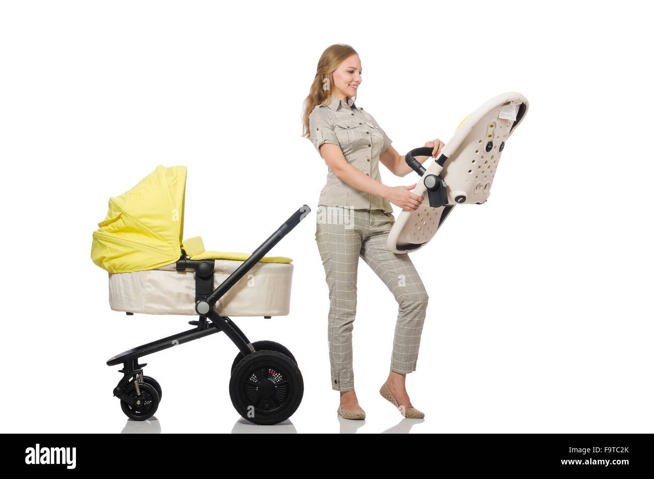 Woman with pram isolated on white Stock Photo - Alamy