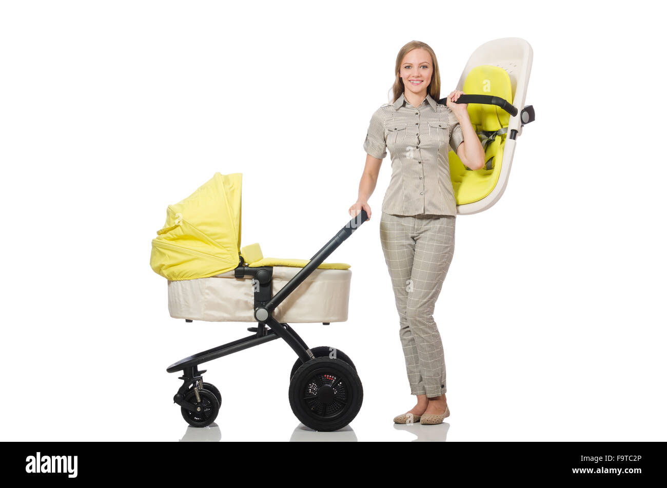 Woman with pram isolated on white Stock Photo - Alamy