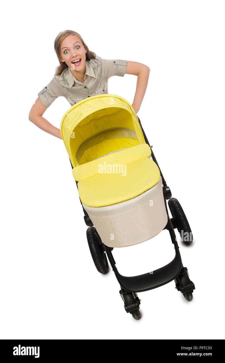 Woman with pram isolated on white Stock Photo - Alamy