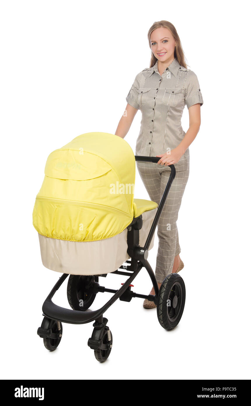 Woman with pram isolated on white Stock Photo - Alamy