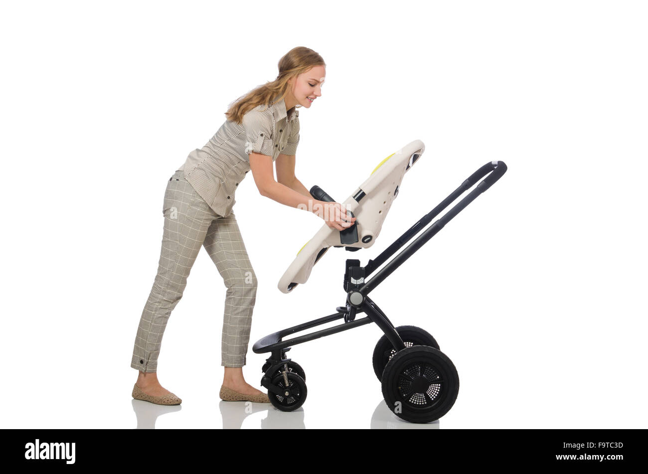 Woman with pram isolated on white Stock Photo - Alamy