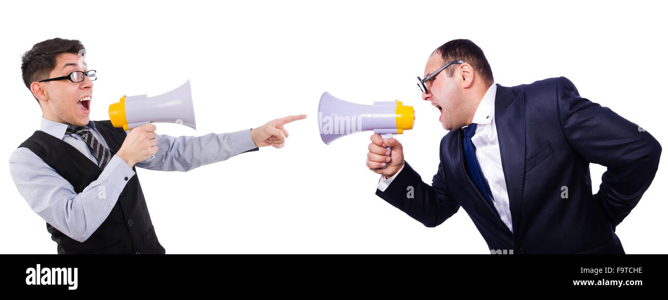 Pair shouting at each other via loudspeaker Stock Photo - Alamy
