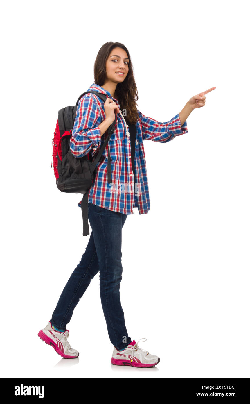 Student girl with backpack isolated on white Stock Photo - Alamy
