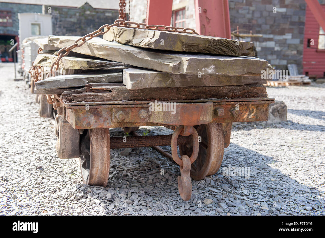 Small rusty mining carrier train with slate pile Stock Photo - Alamy
