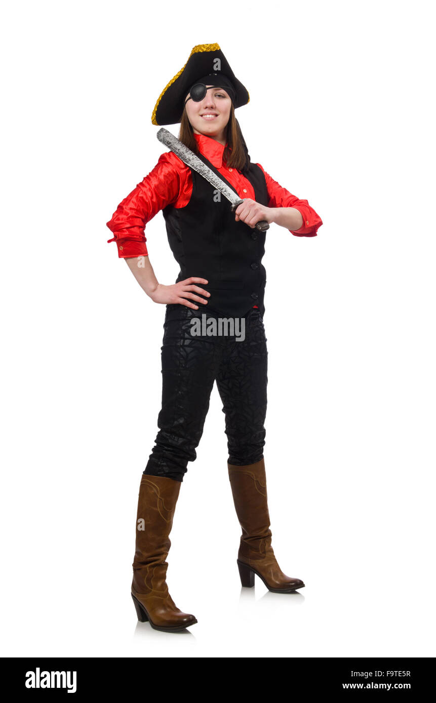 Female pirate holding sword isolated on white Stock Photo - Alamy
