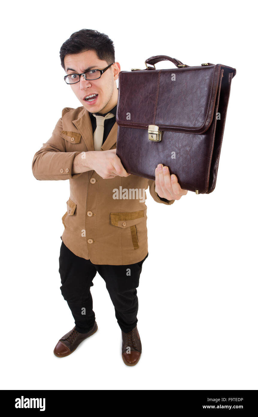 Young man with brown briefcase isolated on white Stock Photo - Alamy