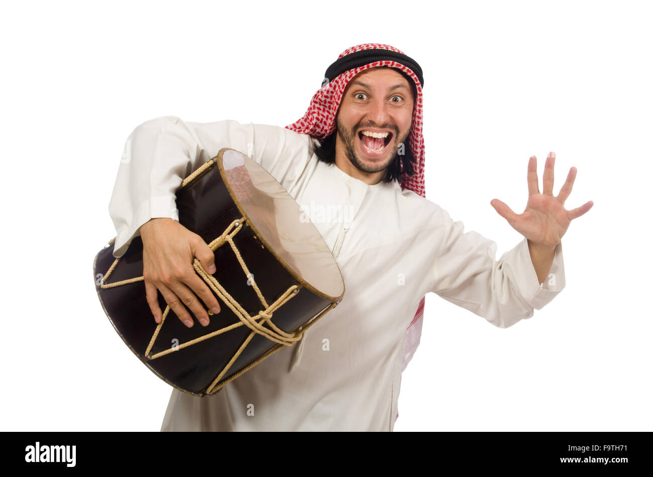 Arab man playing drum isolated on white Stock Photo - Alamy