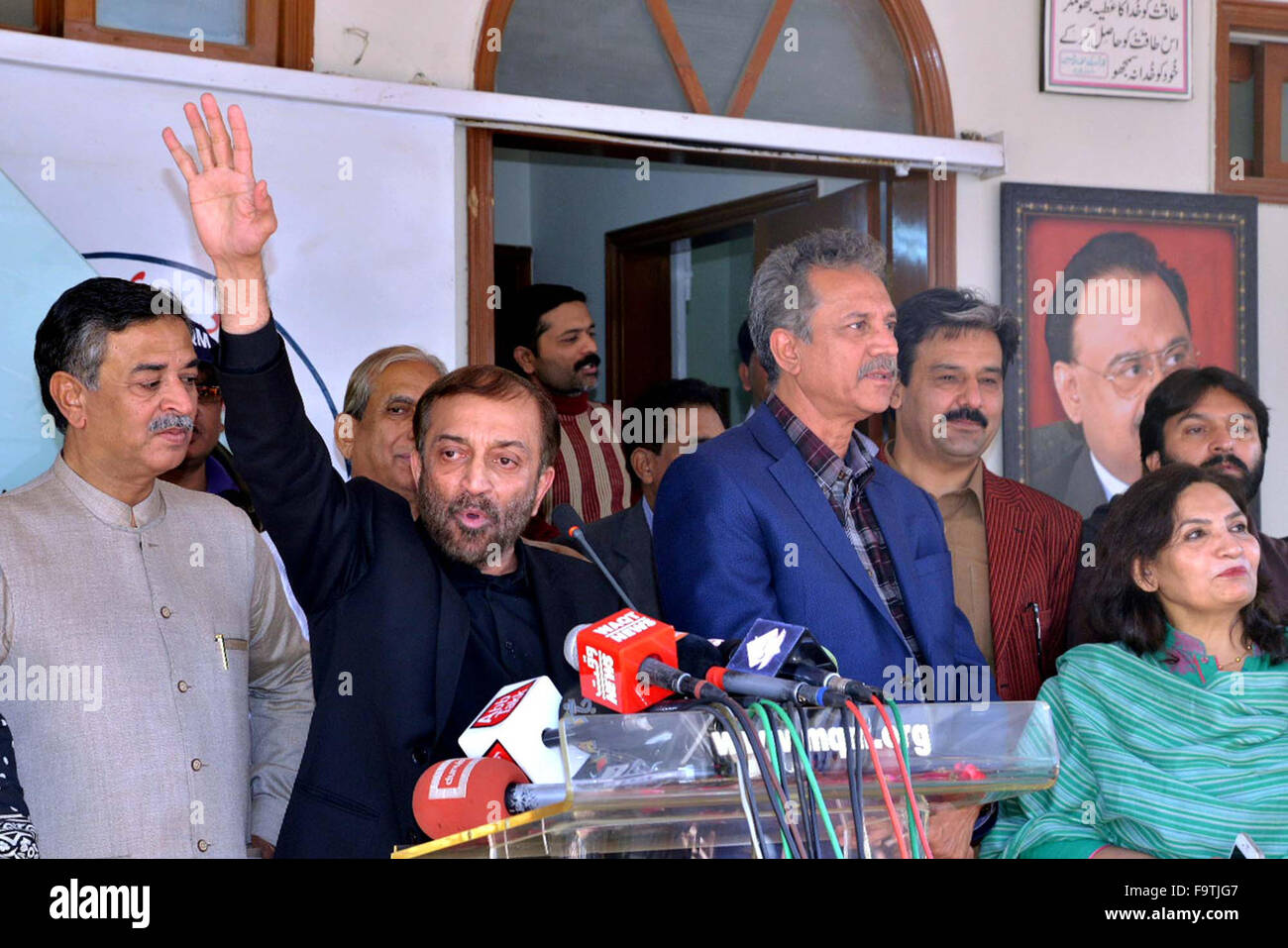 MQM leader Dr. Farooq Sattar talking to media persons along with newly ...