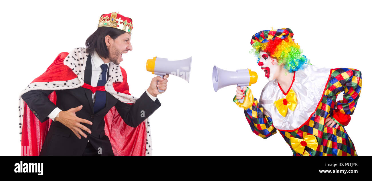 Clown and king with loudspeakers isolated on white Stock Photo - Alamy