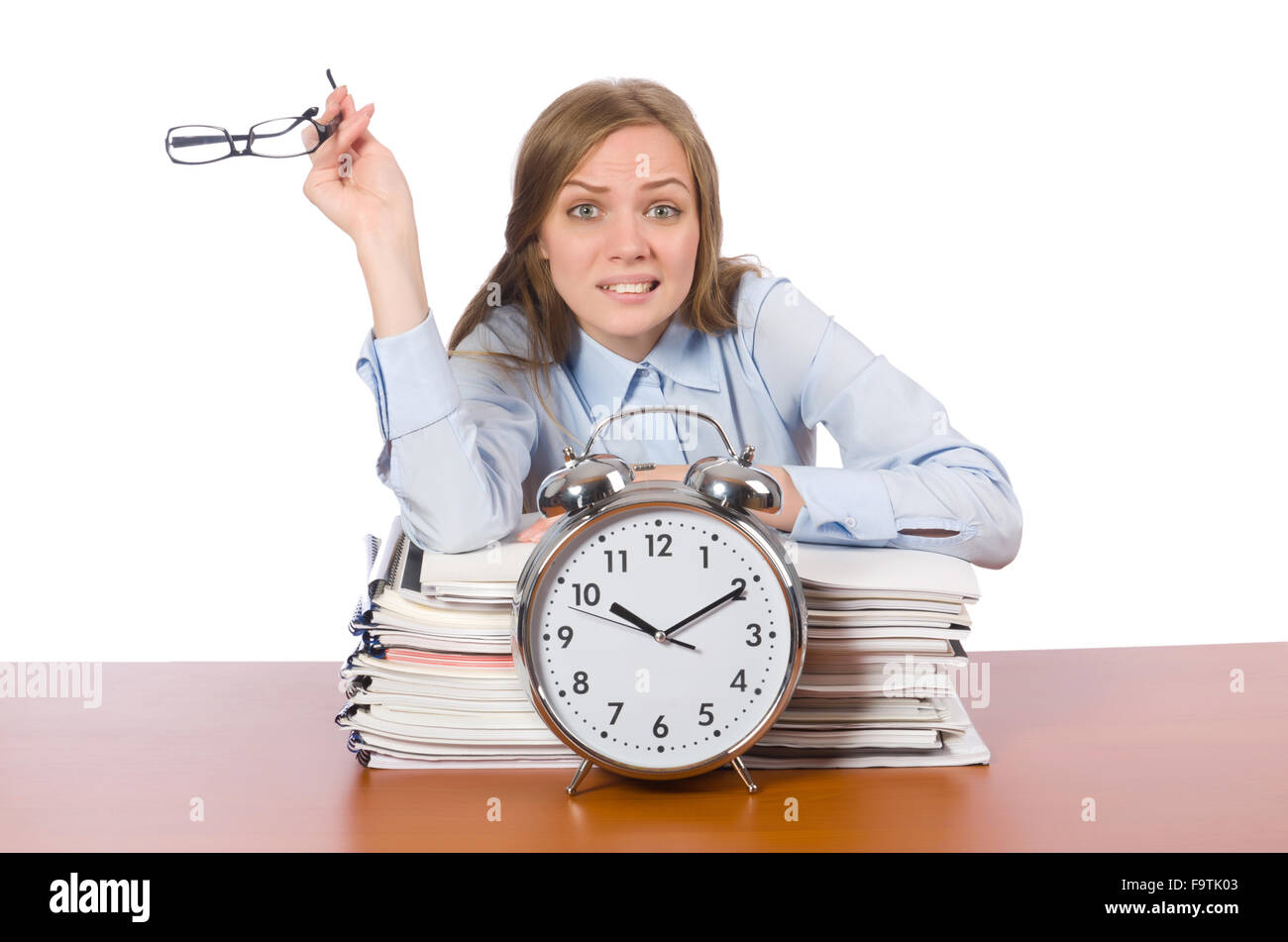 Office employee at work table with documents isolated on white Stock ...
