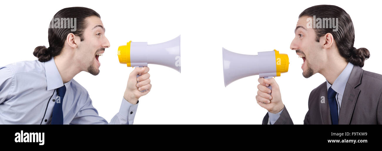 Man shouting and yelling with loudspeaker Stock Photo - Alamy