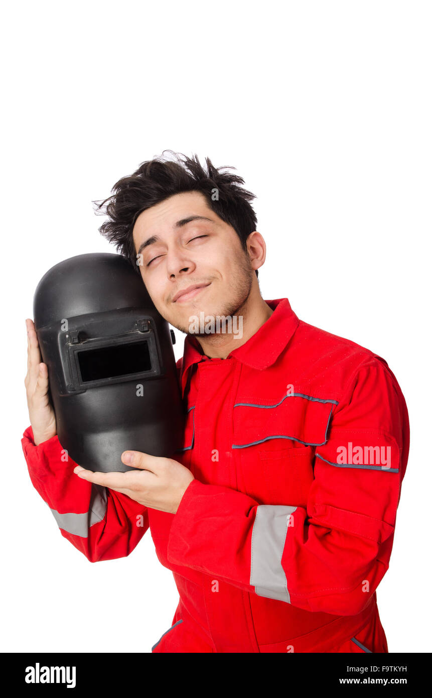 Funny welder isolated on white Stock Photo - Alamy