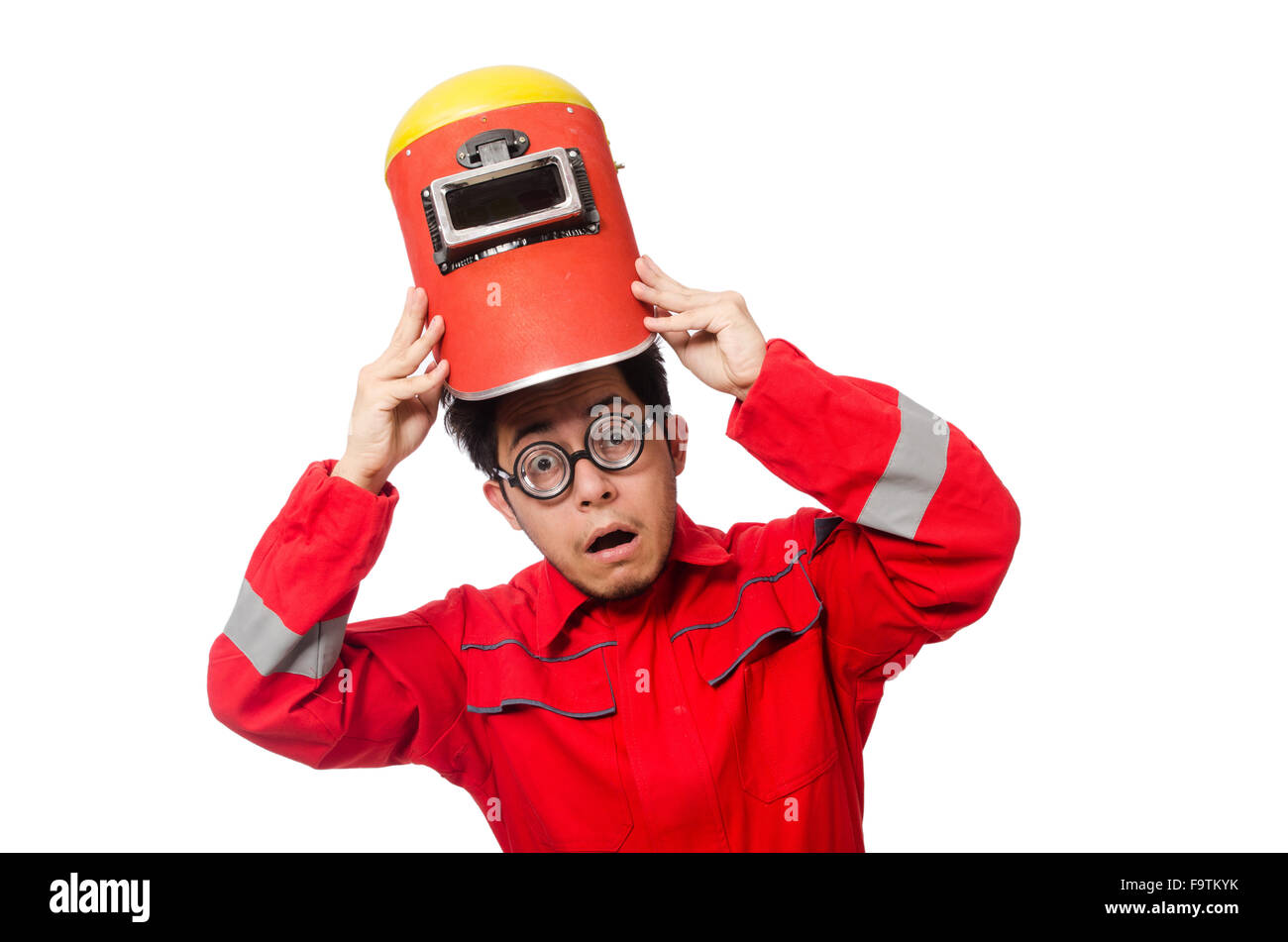 Funny welder isolated on white Stock Photo - Alamy