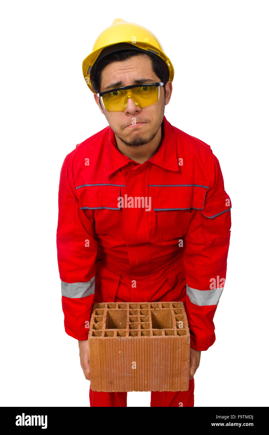 Construction worker with clay bricks on white Stock Photo - Alamy