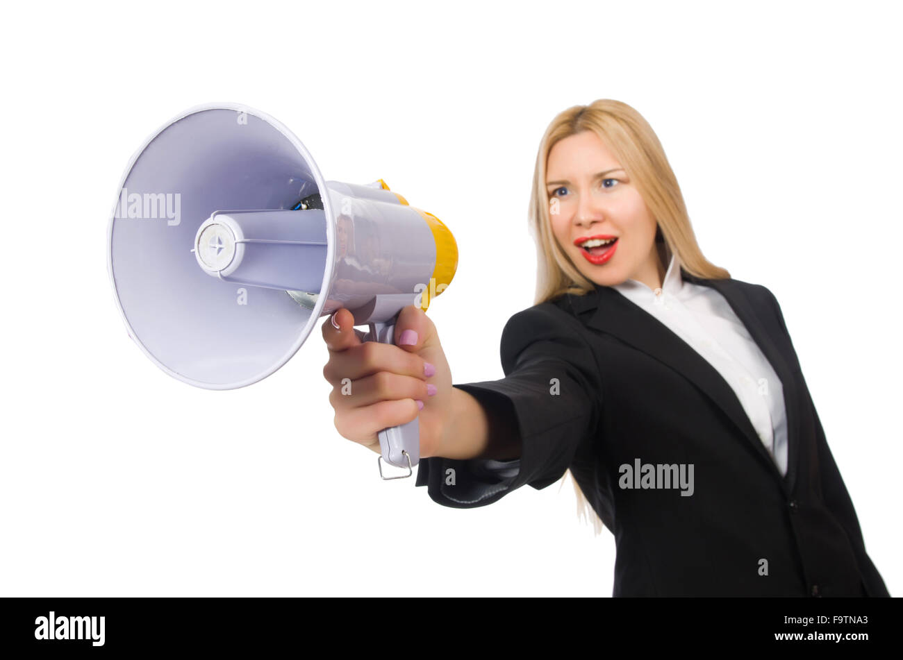 Woman shouting through loudspeaker isolated on white Stock Photo - Alamy