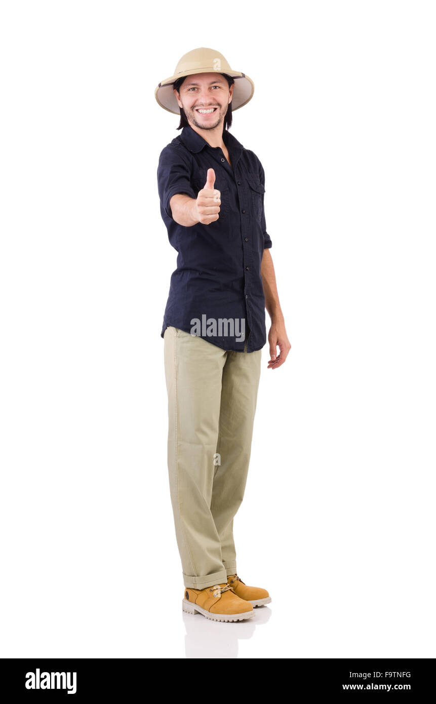 Man wearing safari hat isolated on white Stock Photo - Alamy