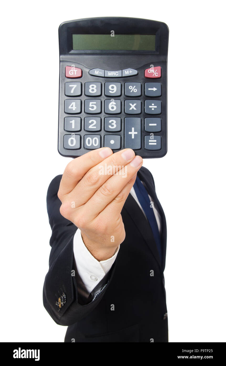 Man with calculator isolated on white Stock Photo - Alamy