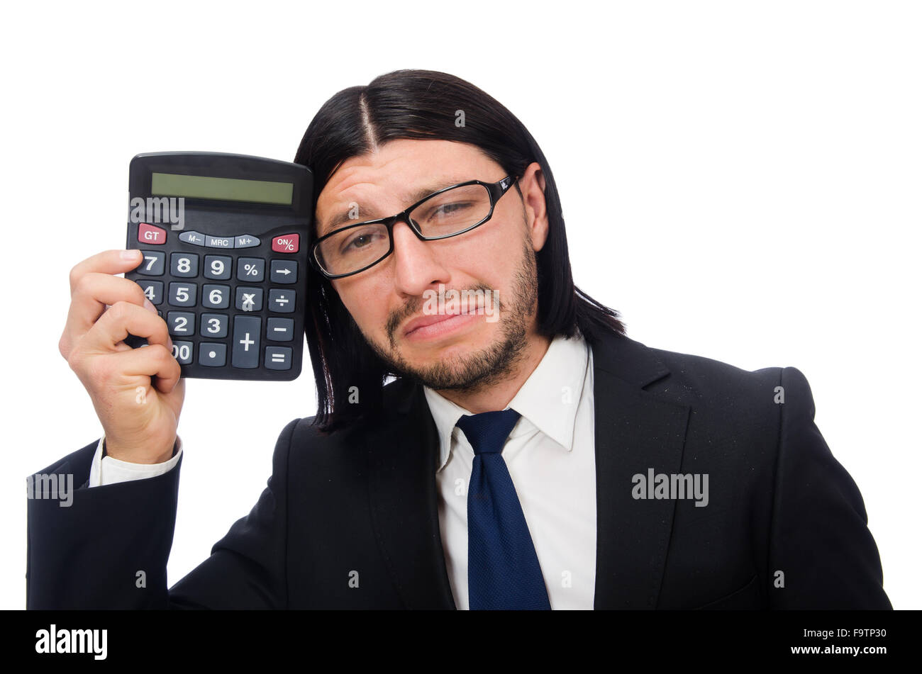 Man with calculator isolated on white Stock Photo - Alamy