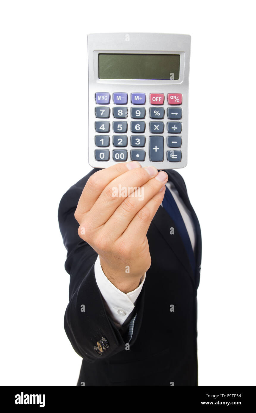 Man with calculator isolated on white Stock Photo - Alamy
