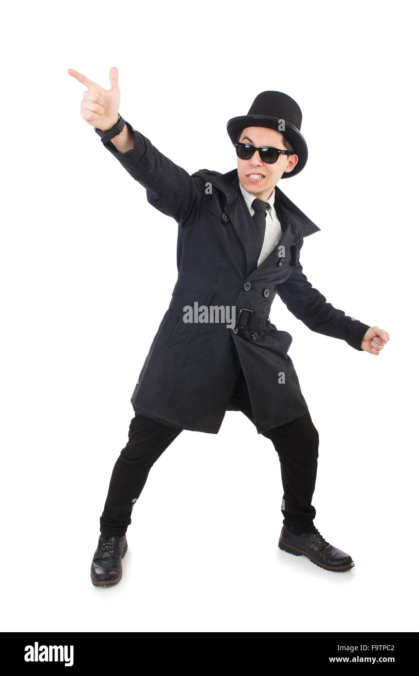 Young detective in black coat isolated on white Stock Photo - Alamy