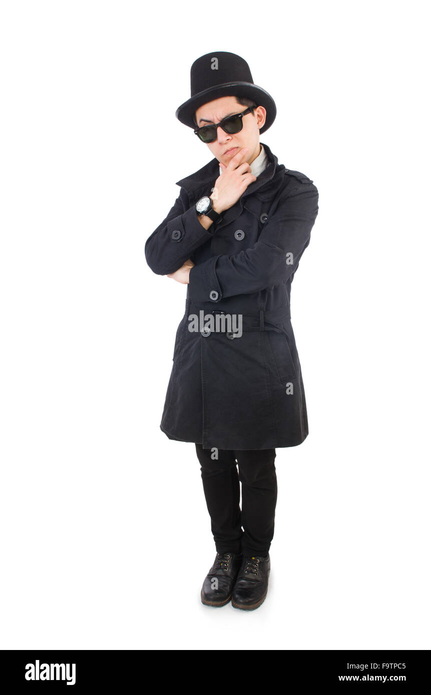 Young detective in black coat isolated on white Stock Photo - Alamy