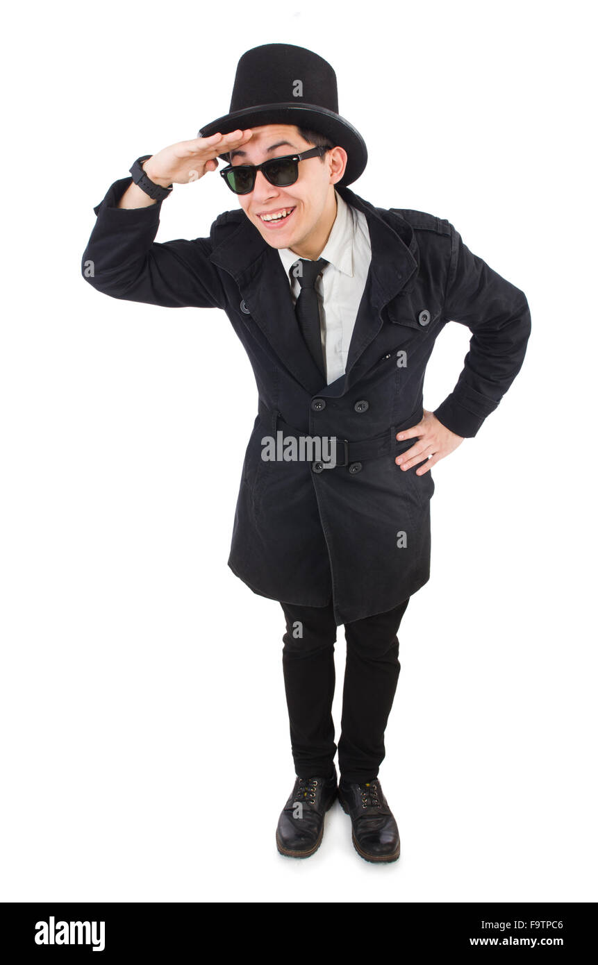 Young detective in black coat isolated on white Stock Photo - Alamy