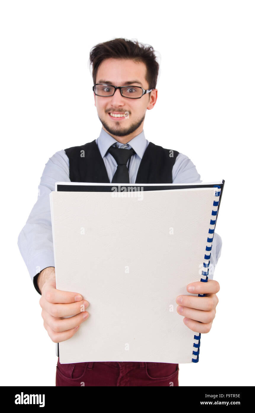Office employee holding paper isolated on white Stock Photo - Alamy