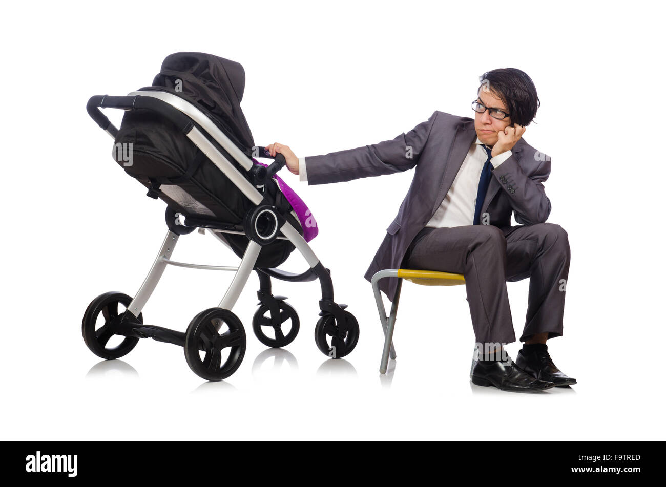 Funny dad with baby and pram on white Stock Photo - Alamy