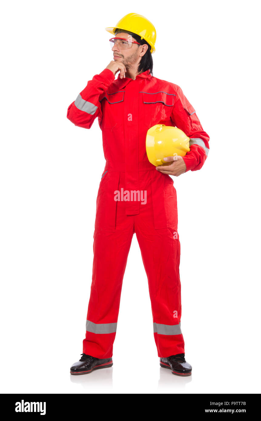 Man wearing red coveralls isolated on white Stock Photo - Alamy