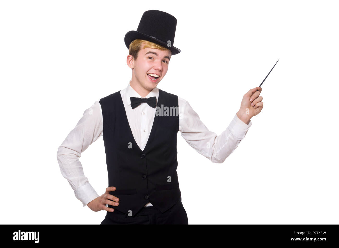 Magician with magic stick isolated on white Stock Photo - Alamy