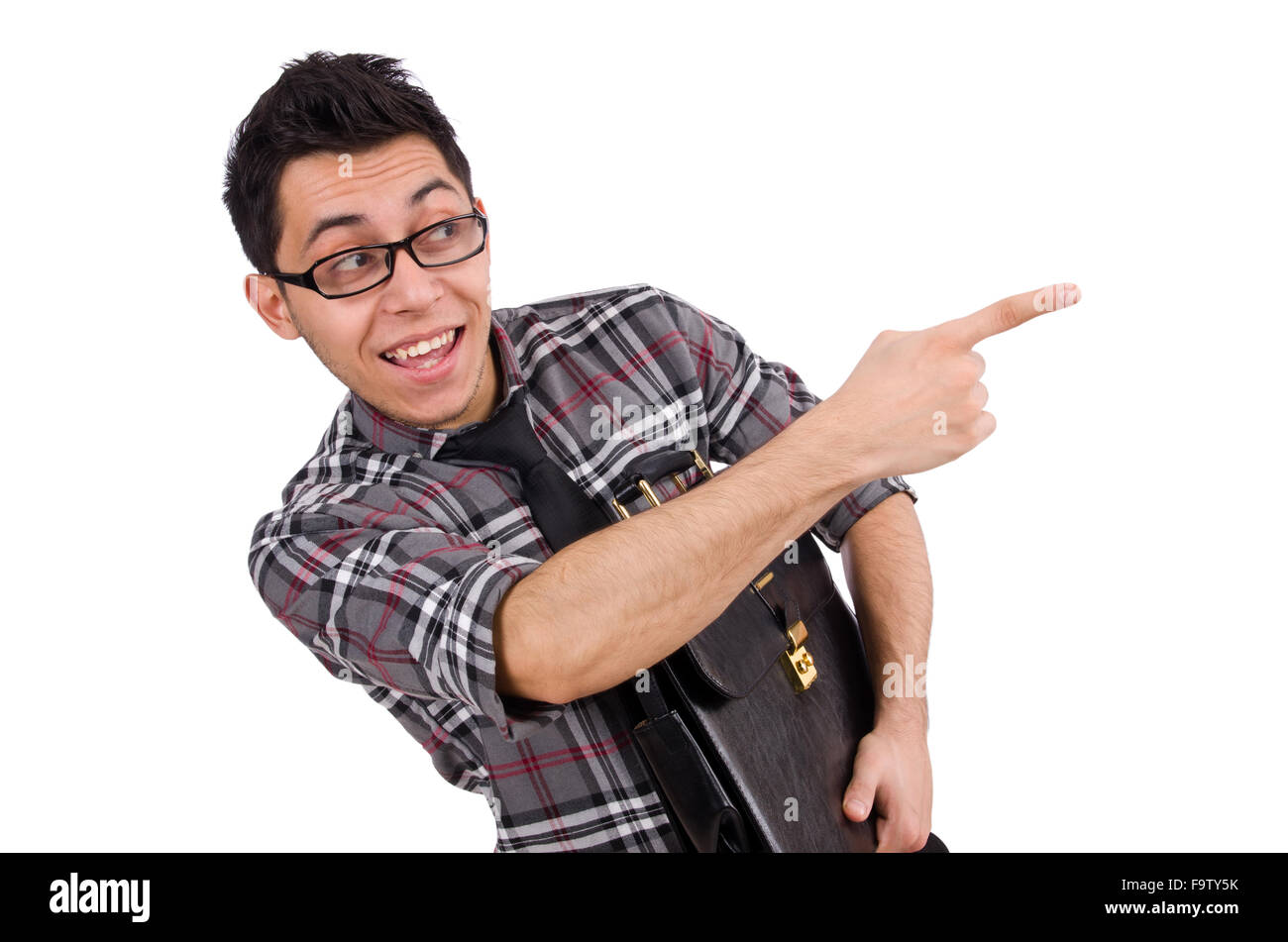 Young employee with backpack isolated on white Stock Photo - Alamy