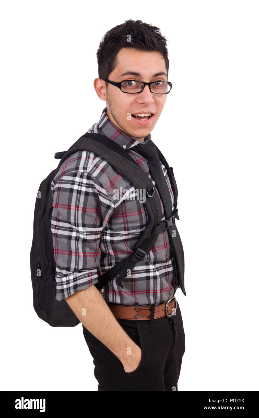 Young employee with backpack isolated on white Stock Photo - Alamy