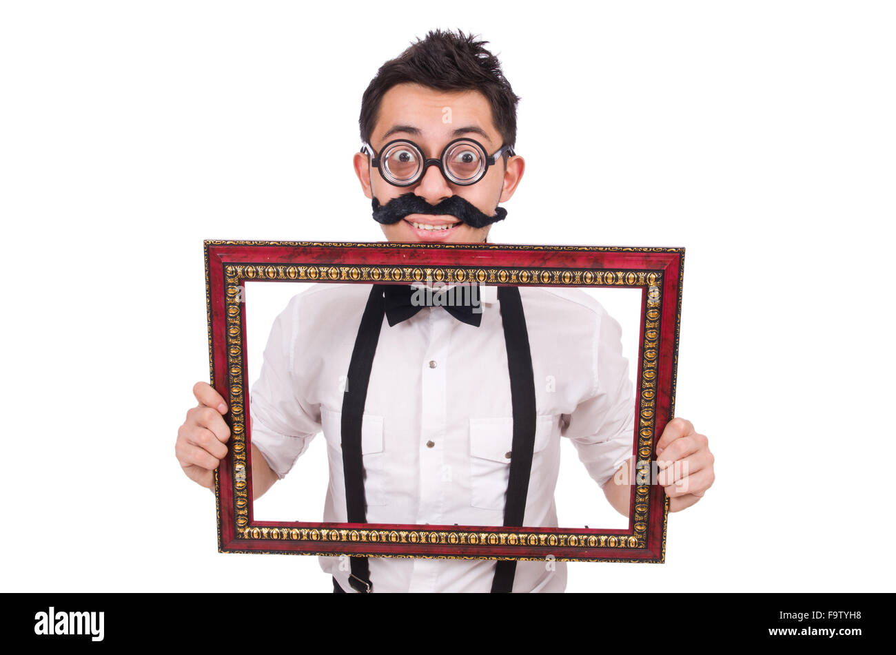 Young man with frame isolated on white Stock Photo - Alamy