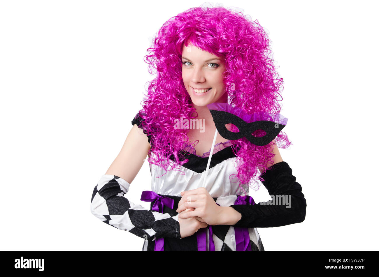 Pretty girl in jester costume isolated on white Stock Photo - Alamy
