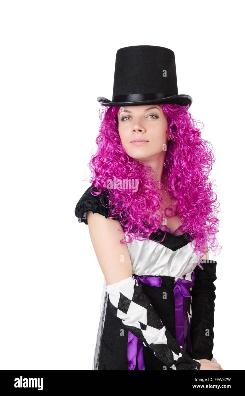Pretty girl in jester costume isolated on white Stock Photo - Alamy